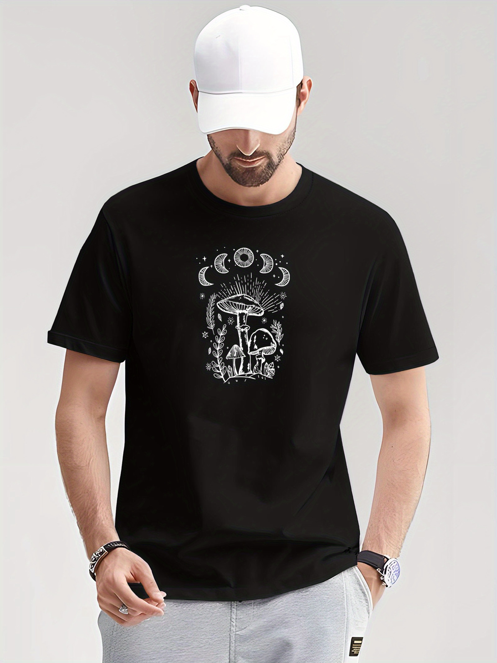 Mushroom Print Men's Casual T shirt Short Sleeve Versatile - Temu Canada