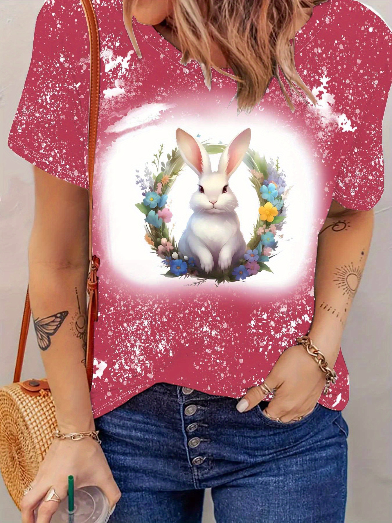 T shirt À Imprimé Graphique Lapin Fleurs Haut Décontracté À - Temu France