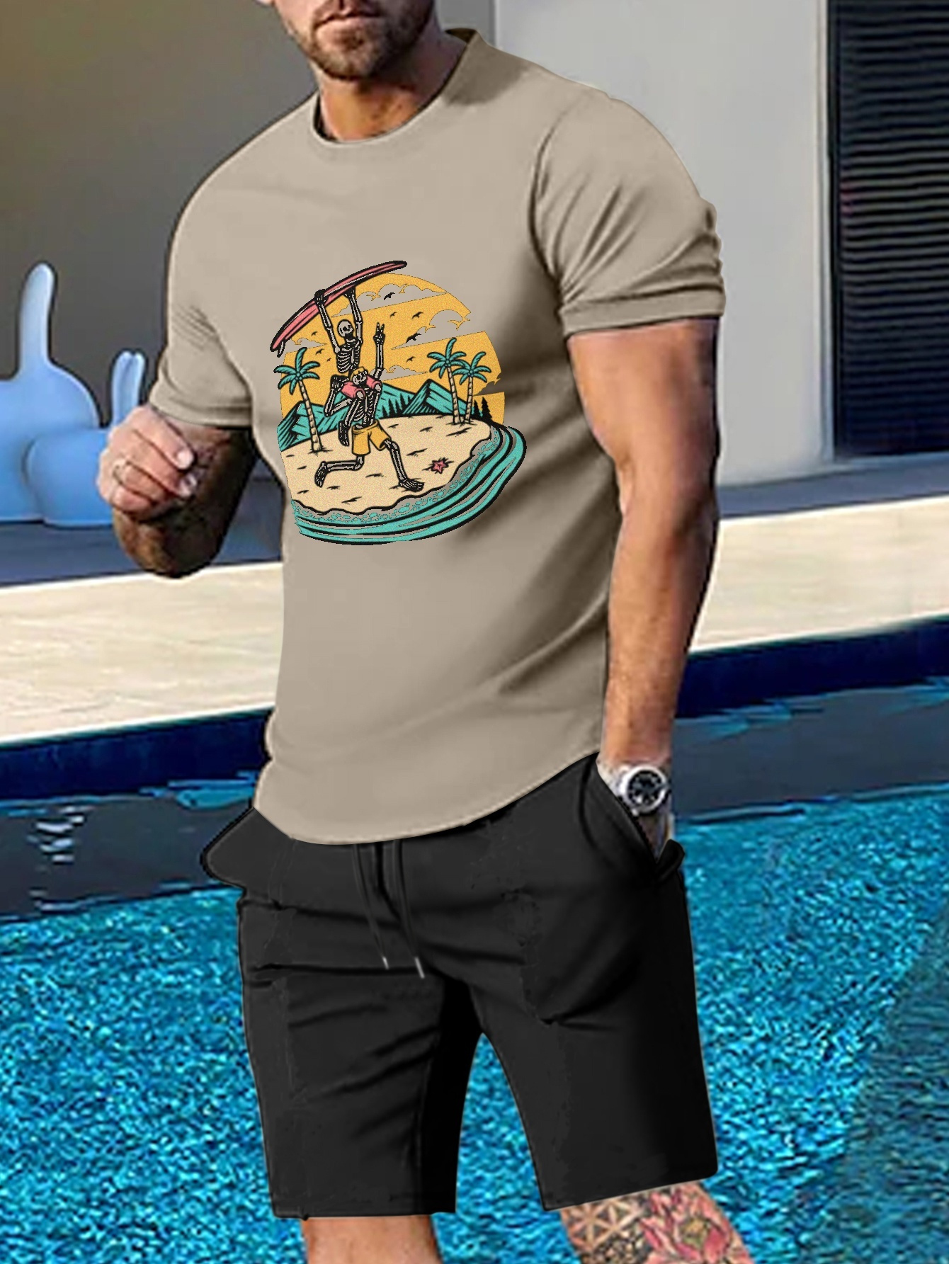 Plus Size Men's Surfing Skeleton Graphic Print Short Sleeve - Temu Canada