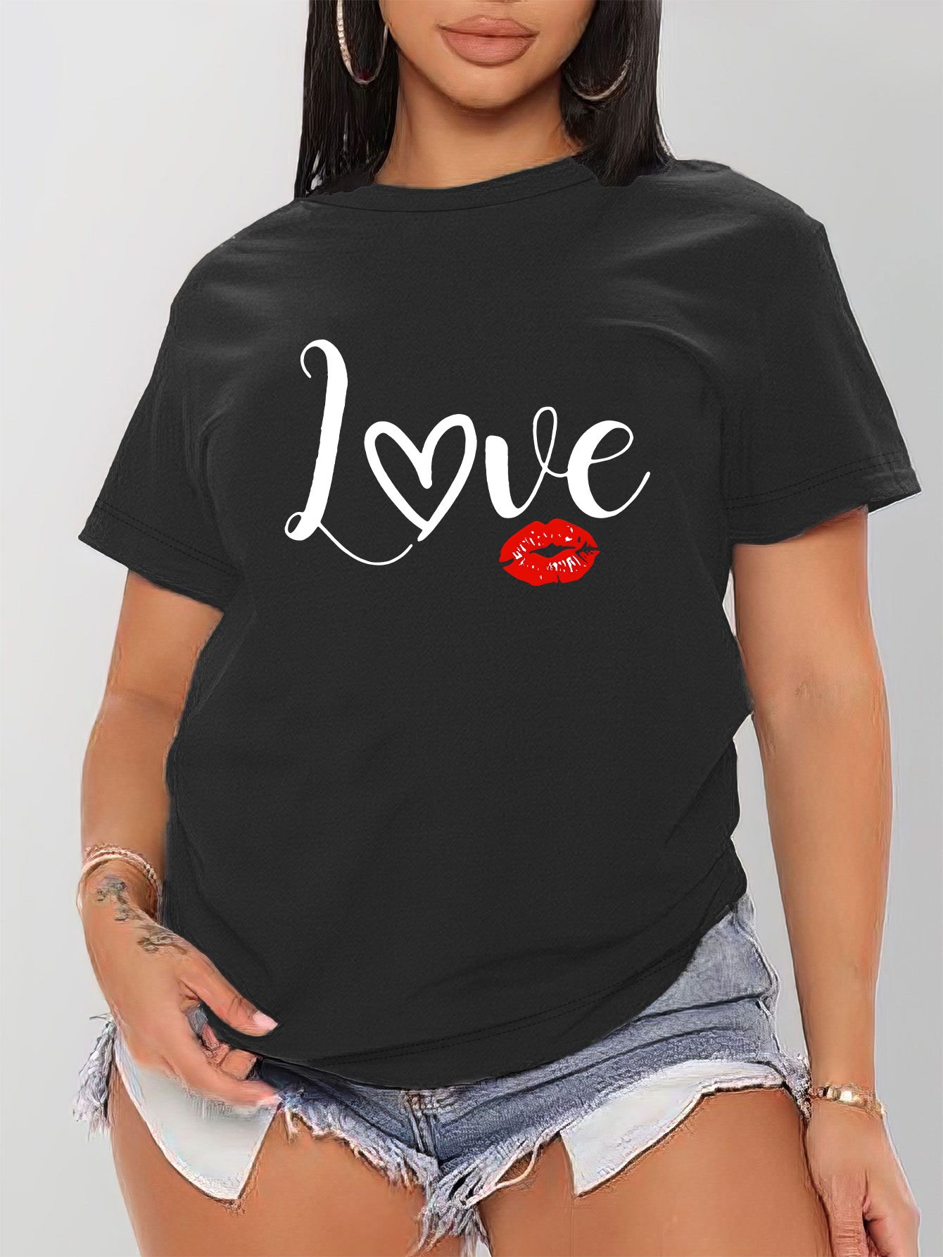 Letter Lips Print T shirt Short Sleeve Crew Neck Casual Top - Temu Australia