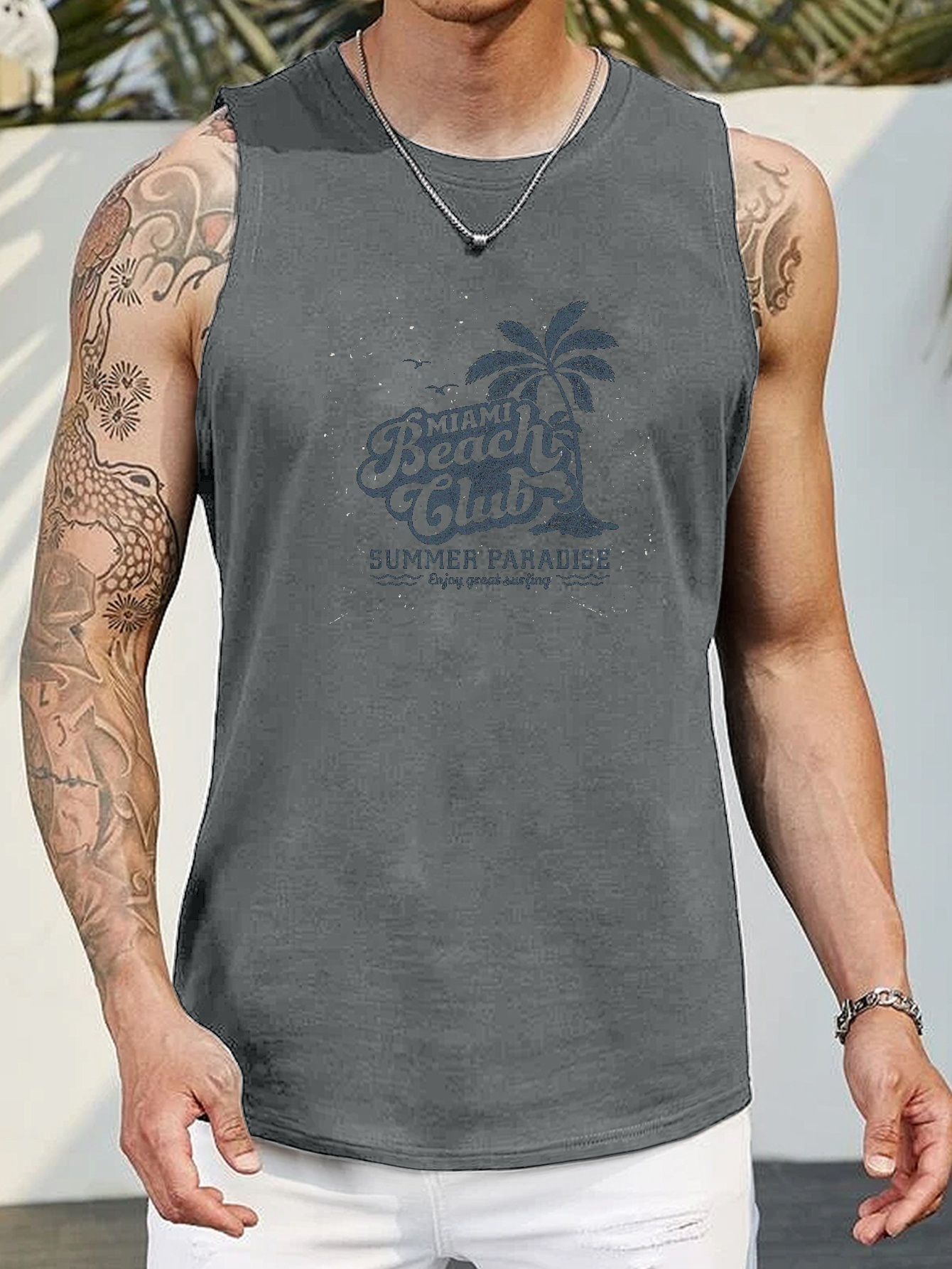 Plus Size Mens Letters Coconut Trees Graphic Print Tank Top Temu Canada
