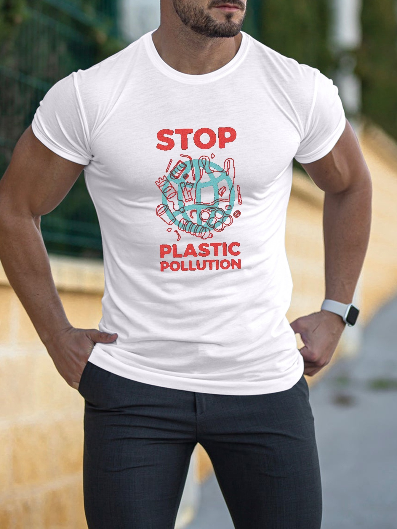 Stop Plastic Pollution Graphic Print Men's Comfy T shirt - Temu Australia