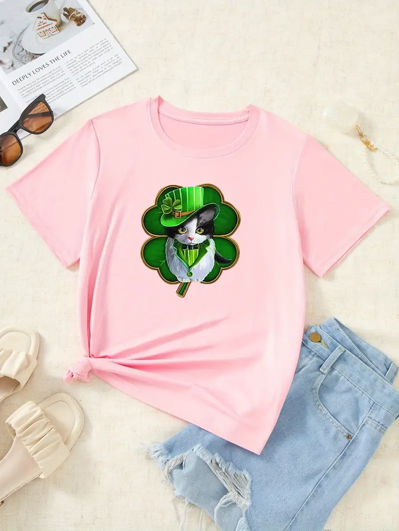 Cute Cat Print Crew Neck T Shirt Casual Short Sleeve Top Temu New Zealand