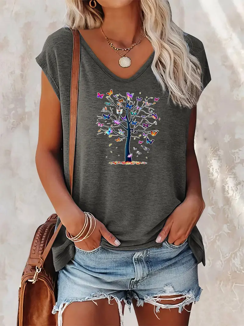 Colorful Butterfly Tree Print Tank Top Casual V Neck Temu Canada