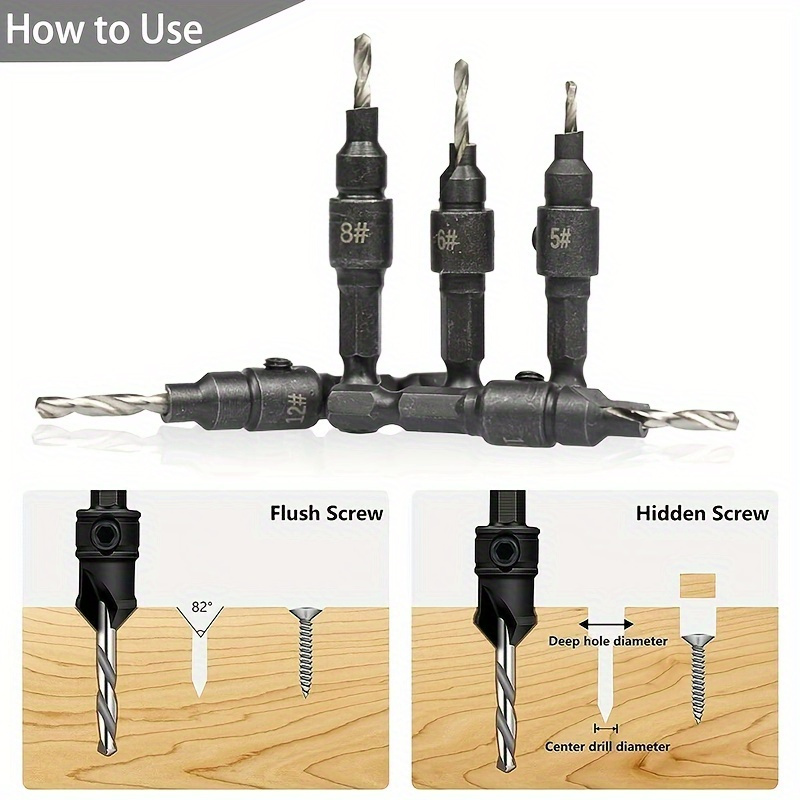 6pcs Wood Countersink Drill Bit Set, #5, 6, 8, 10, 12 Tapered Drill Bit ...