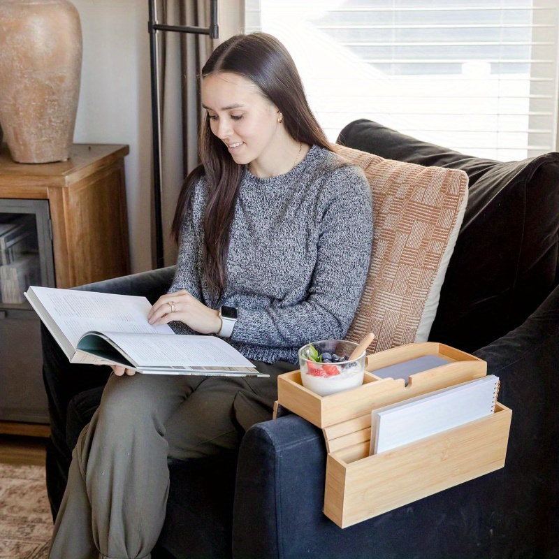 1pc Bamboo Sofa Arm Tray With Non Slip Base 13.8 Inch Multi Functional Couch Armrest Organizer Rustic Wooden Caddy For Drinks And Snacks Storage