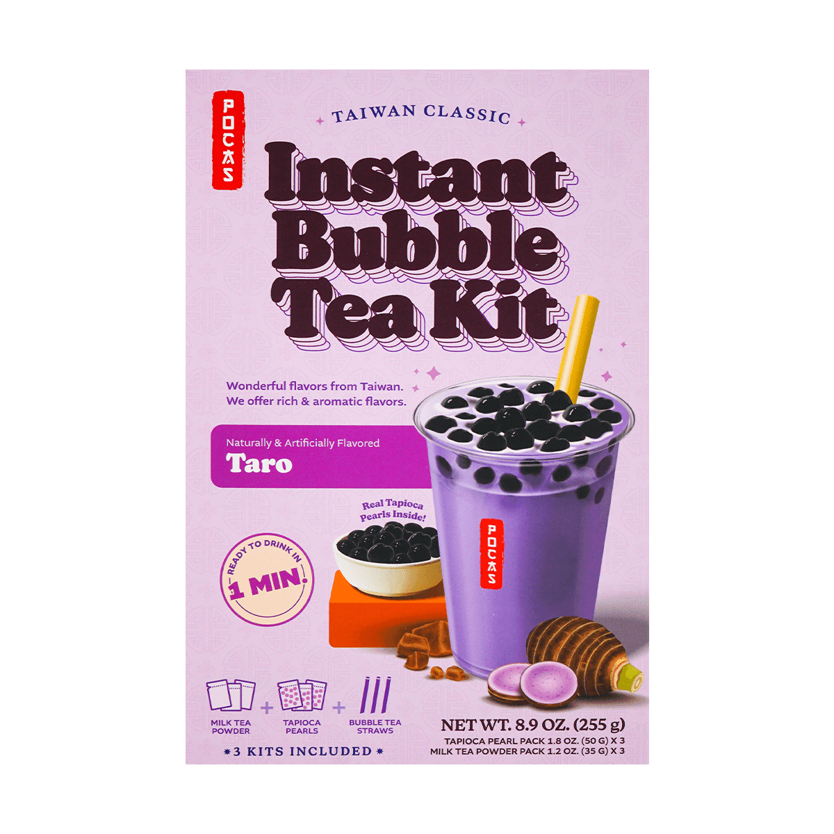 Pocas, 3packs*3bags, Instant Taro Boba Milk Tea, With Bubble Tapioca ...