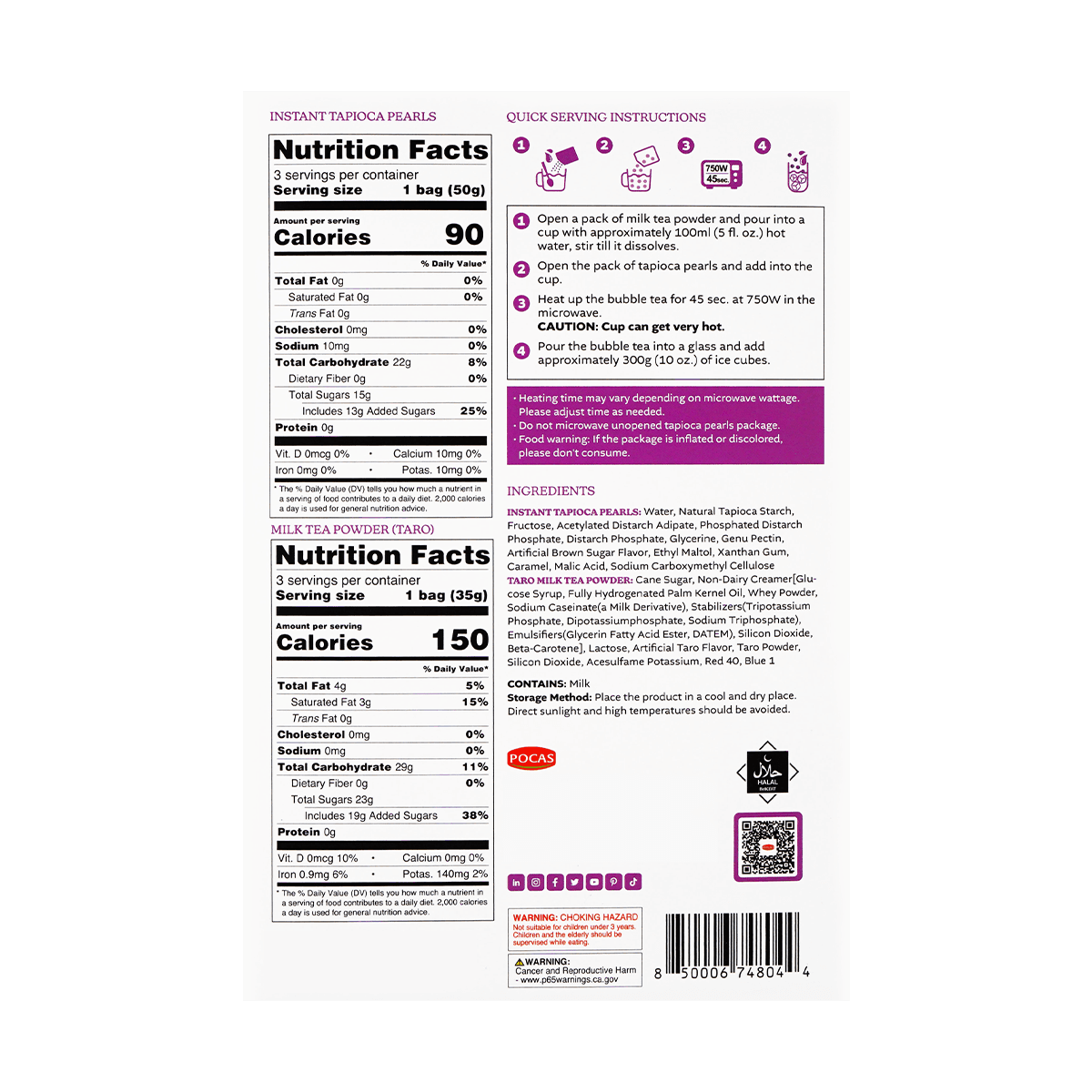 Pocas, 3packs*3bags, Instant Taro Boba Milk Tea, With Bubble Tapioca ...