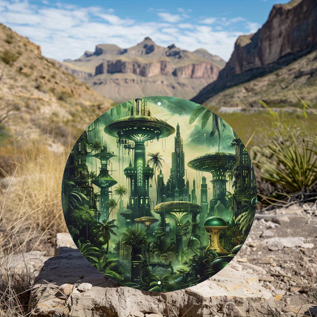 لوحة دائرية من المعدن الألومنيوم واحة خضراء، تصميم فضائي، - Temu Qatar