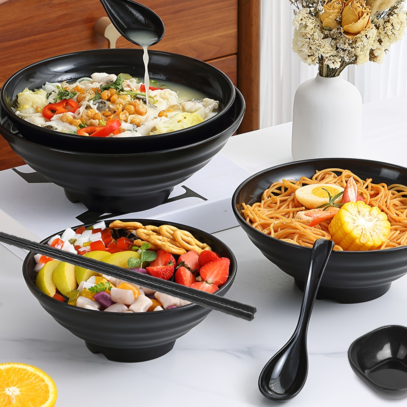 Round Plastic Bowl Set With Chopsticks, Spoon & Saucer - 4 Set Japanese ...