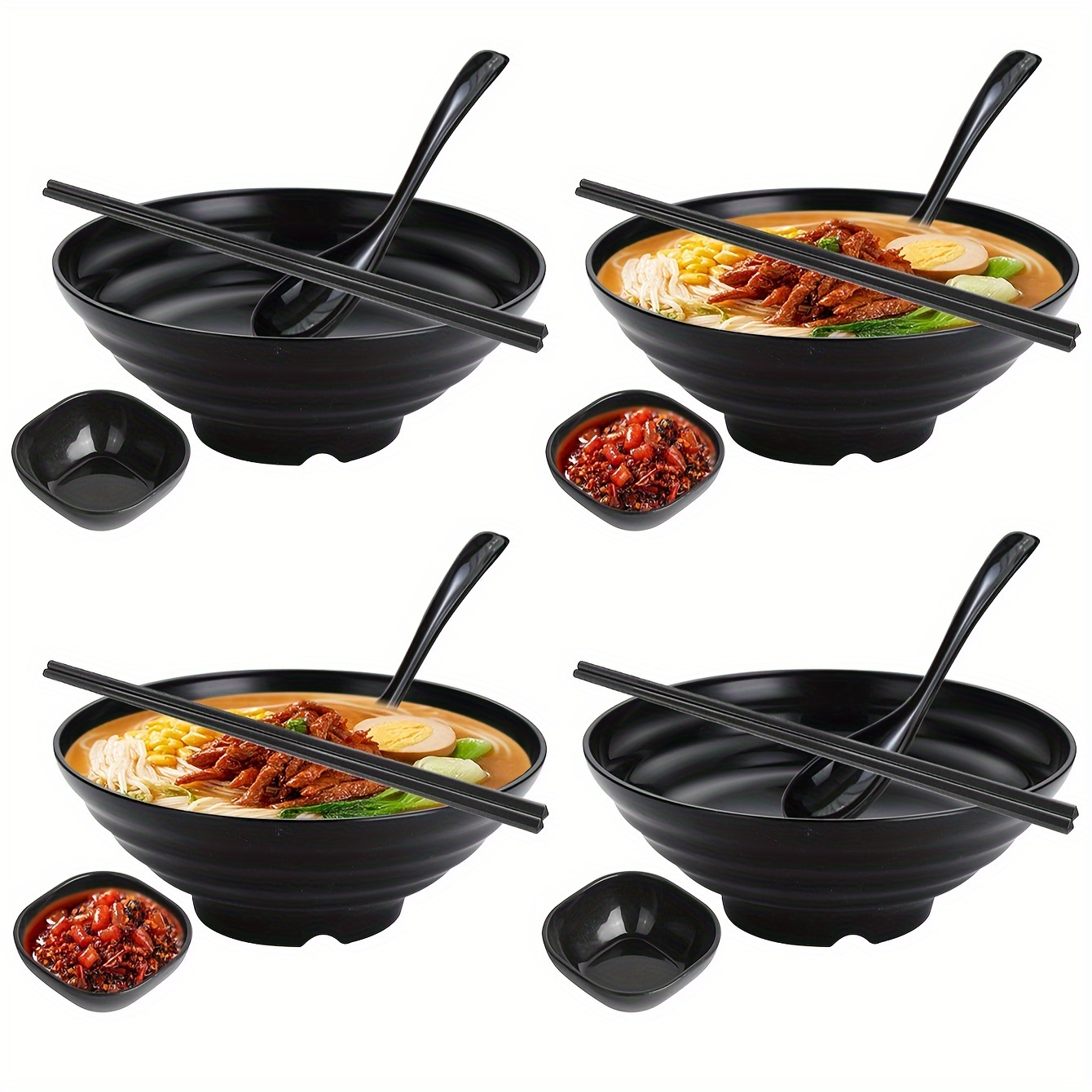 Round Plastic Bowl Set With Chopsticks, Spoon & Saucer - 4 Set Japanese ...