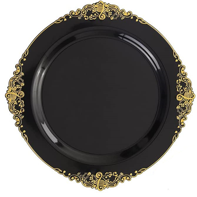 Elegant Black Golden Edge Disposable Plates Clear Embossed - Temu
