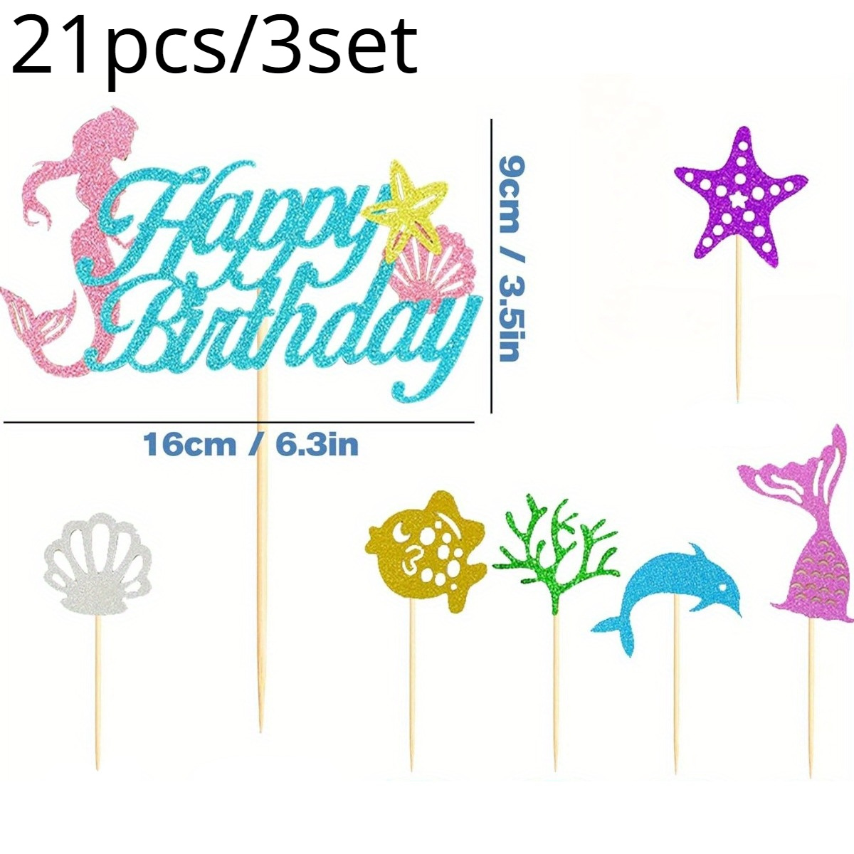 Mermaid Theme Cake Toppers Set Paper Happy Birthday Cake - Temu