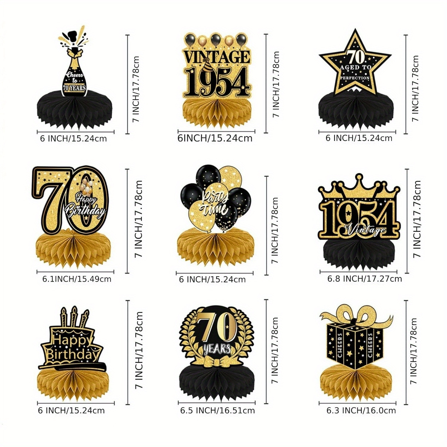 Elegant 70th Birthday Party Decor Set - Black & Gold, Vintage 1954 ...