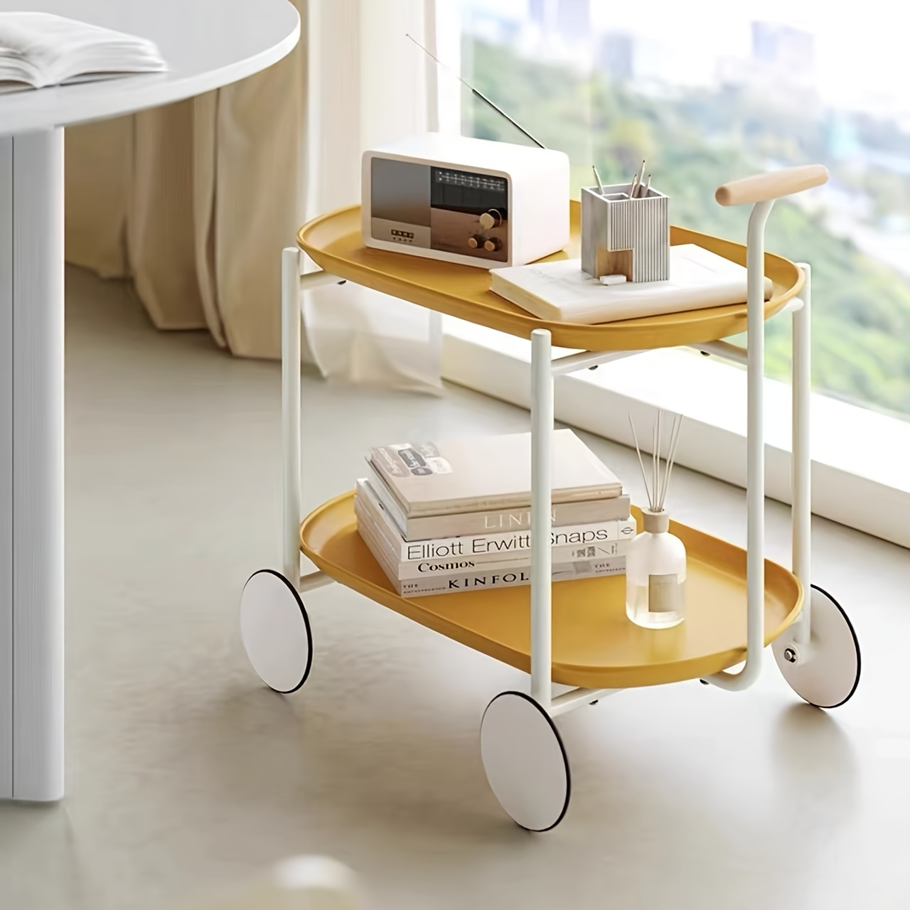 chic 2 tier rolling sofa side table wheels italian style Temu