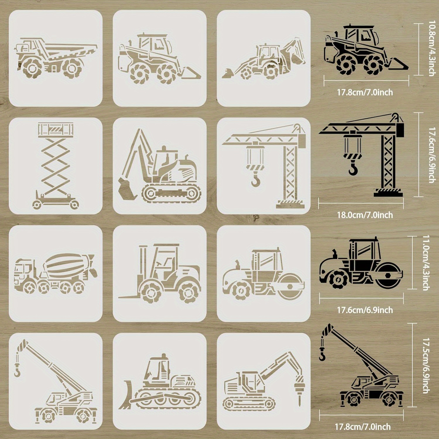 12pcs Construction Vehicle Stencils 7.9x7.9 Inch Reusable Truck ...