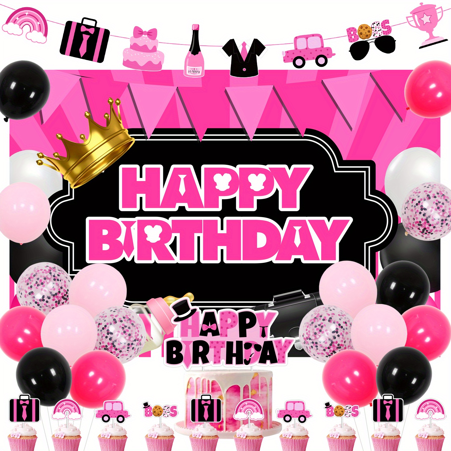 Boss Theme Black Happy Birthday Party Supplies Set - Temu