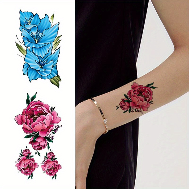 Peony Blue Floral Temporary Tattoos Set Water resistant - Temu Australia