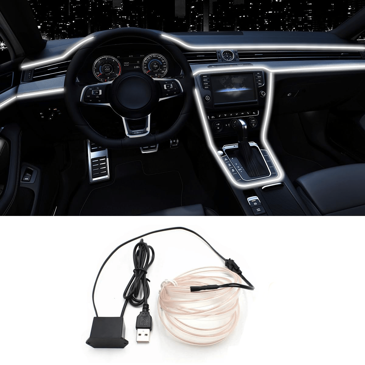 USB Powered 16.4ft Neon White LED Car Interior Light Strip Sleek 0.23 Fit Decorative Vehicle Lights