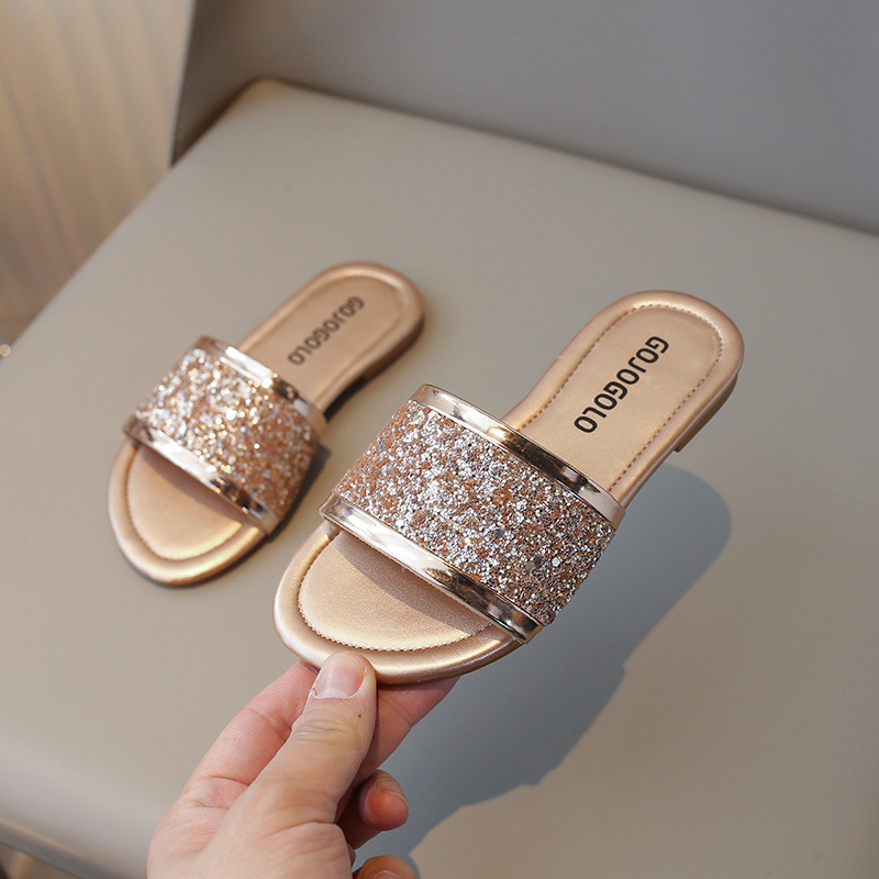 girls sparkly glitter sandals casual summer flat heel slip Temu