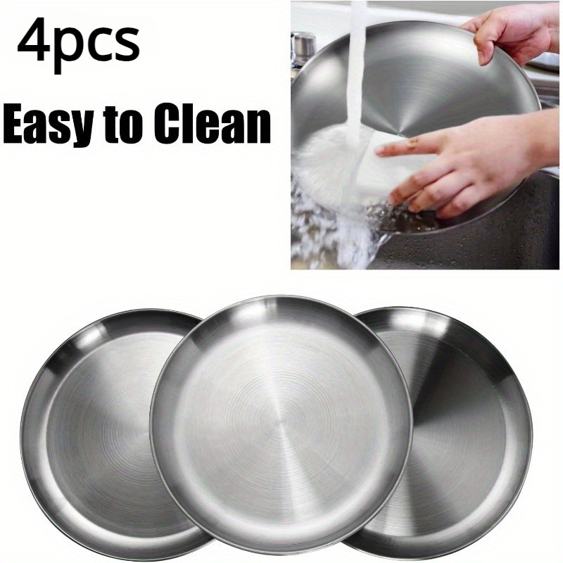 4 Pack 304 Stainless Steel Dinner Plates Set Non Toxic Lightweight Unbreakable Easy to Clean Dishwasher Safe BPA Free for Home and Outdoor Use