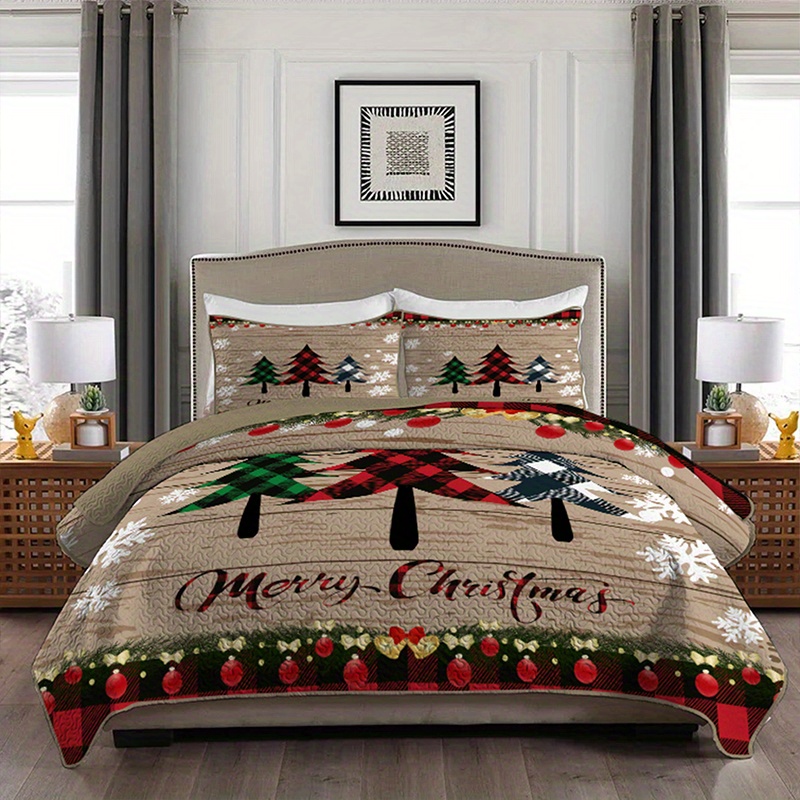 Festive Christmas Quilt Set Queen King Size 1 Piece 2 Pillowcases No Filling Red Print Elegant Christmas Atmosphere Suitable for Bedrooms