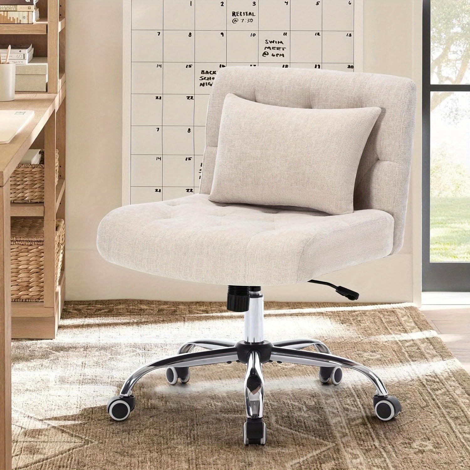 armless fabric office desk chair wheels cross legged wide Temu