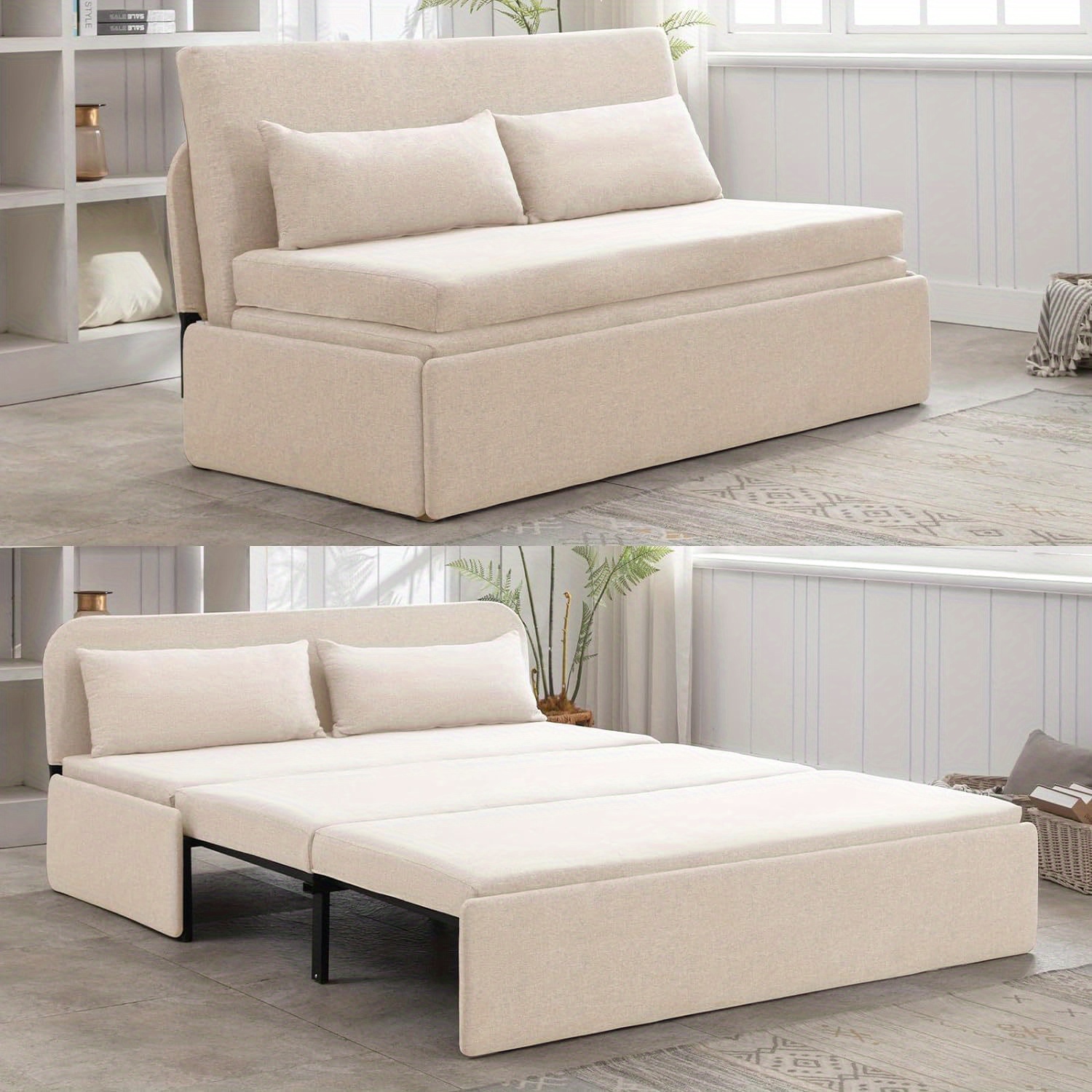 Twin Size Pull Out Sleeper Sofa Bed Linen Convertible Sofa Bed with Foldable Mattress Loveseat Couch Pull Out Bed with 2 Cushions for Small Place Apartment Office Beige