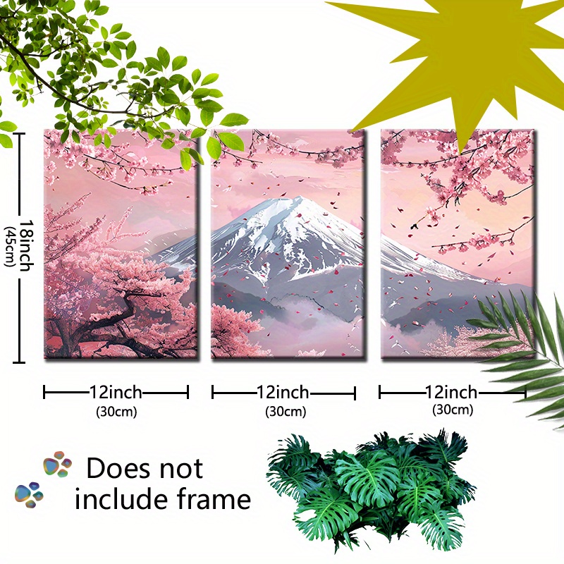 Cherry Mount Fuji Canvas Wall Art Set, Triple 30.48x45.72 Cm Unframed Rolled Cloth Posters ...