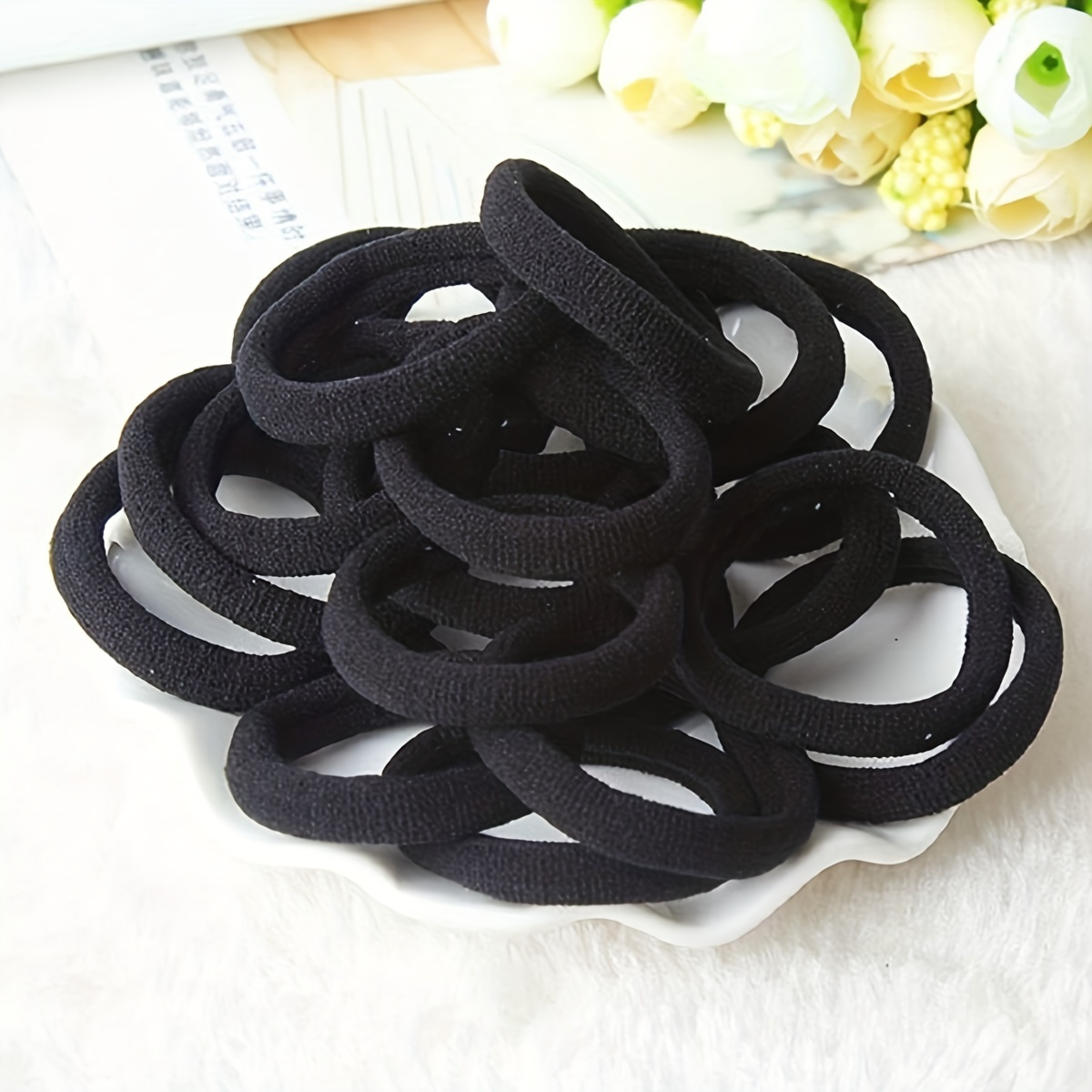 Black Seamless Cotton Hair Ties - 50pcs Elastic Ponytail Holders For ...