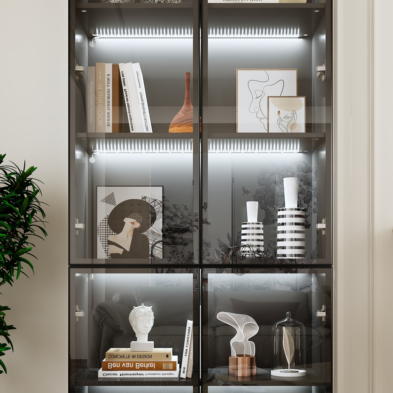 Elegant Black 31.5 Cabinet with Glass Doors and LED Lights 5 Tier Shelving Unit for Living Room Hallway Decor MDF Construction