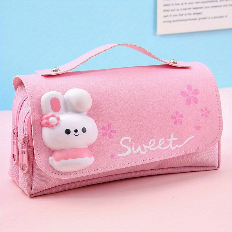 Kawaii Bunny Pencil Case Canvas Pen Bag with 3 Compartments Cute Large Capacity Stationery Box for Students