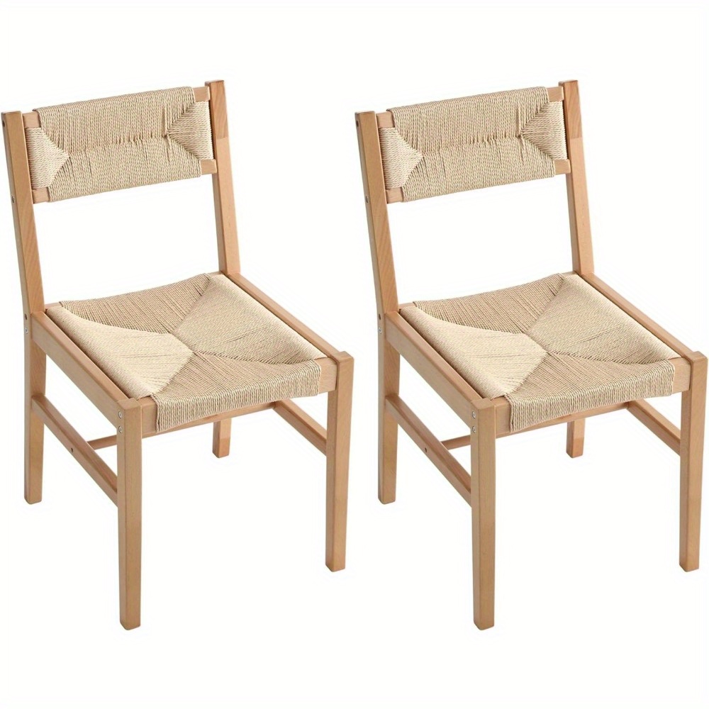 2 Pcs Wooden Dining Chairs With Beige Paper Rope Weave Backrest And ...
