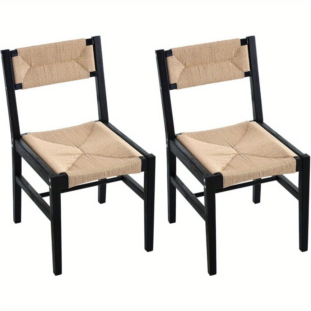 2 Pcs Wooden Dining Chairs With Beige Paper Rope Weave Backrest And ...