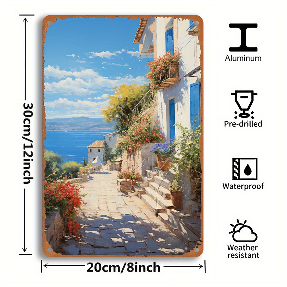 1pc Reusable Aluminum Metal Tin Sign - Greek Village Street Scene Wall ...