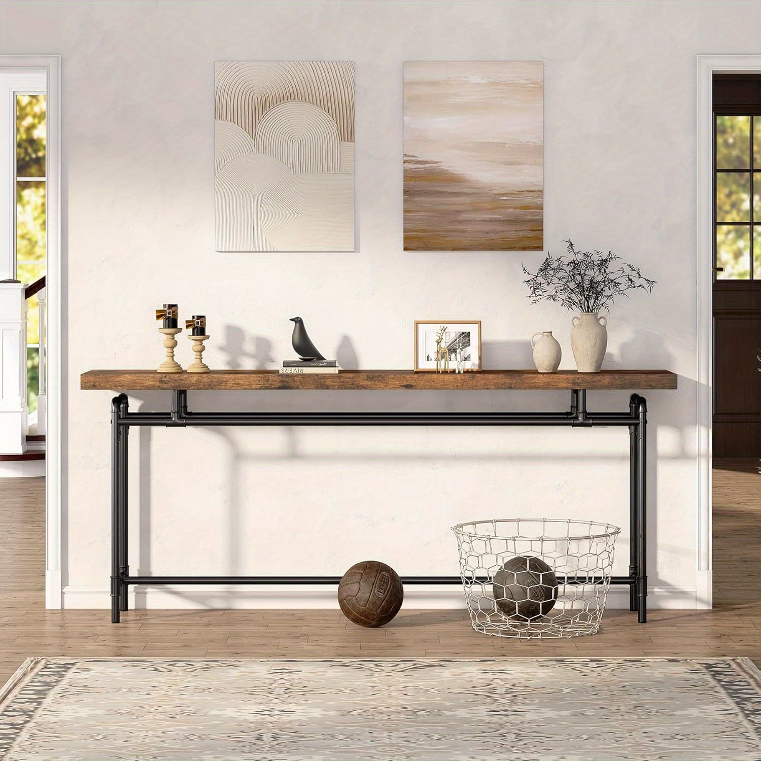lndustrial narrow console sofa tables behind Temu