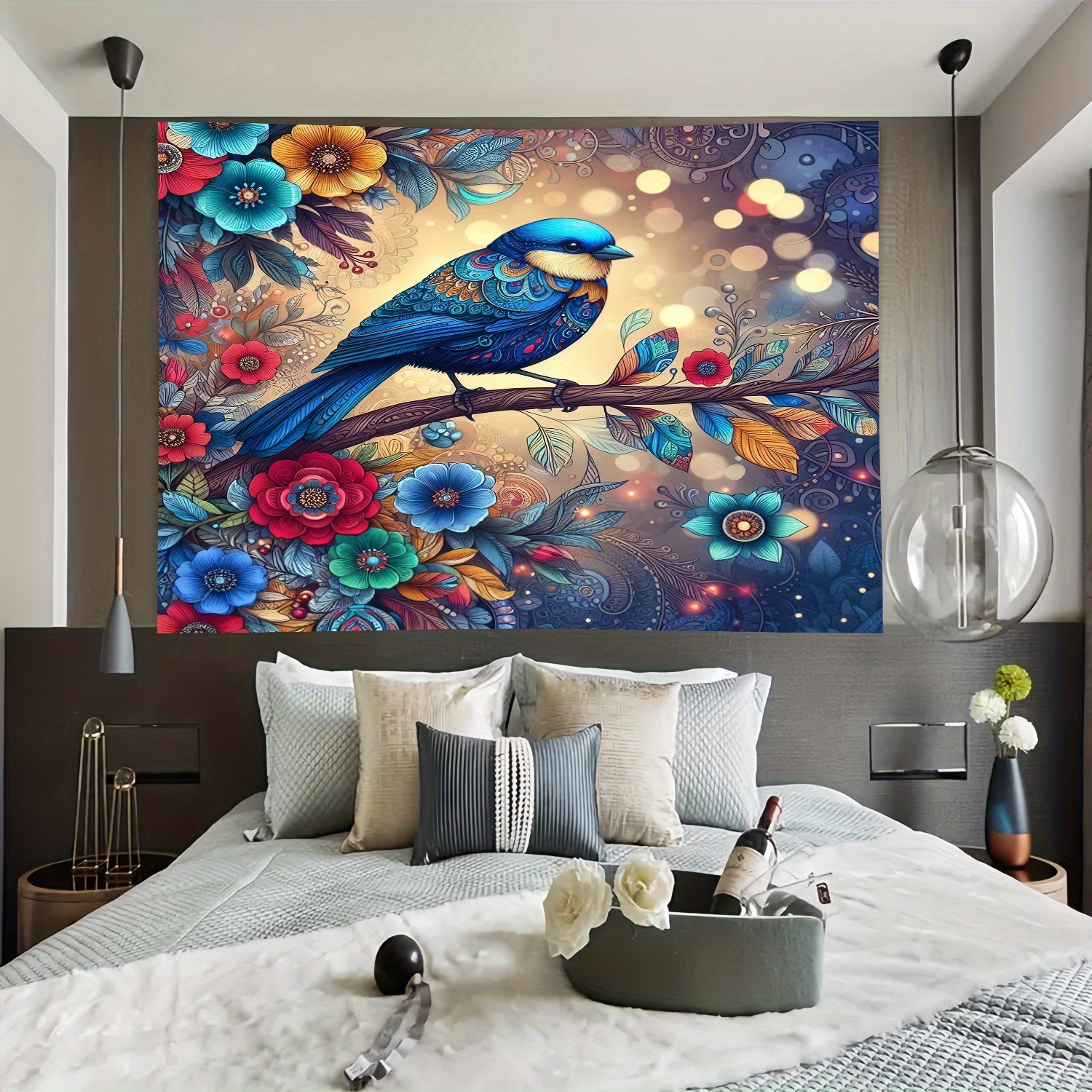 1 kom. Moderna 3D tapiserija sa cvetnim motivom i pticom - Temu