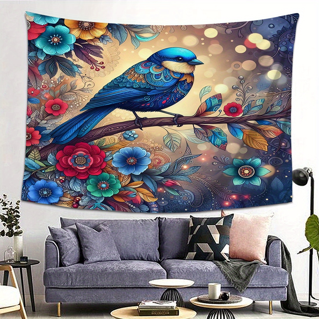 1 kom. Moderna 3D tapiserija sa cvetnim motivom i pticom - Temu