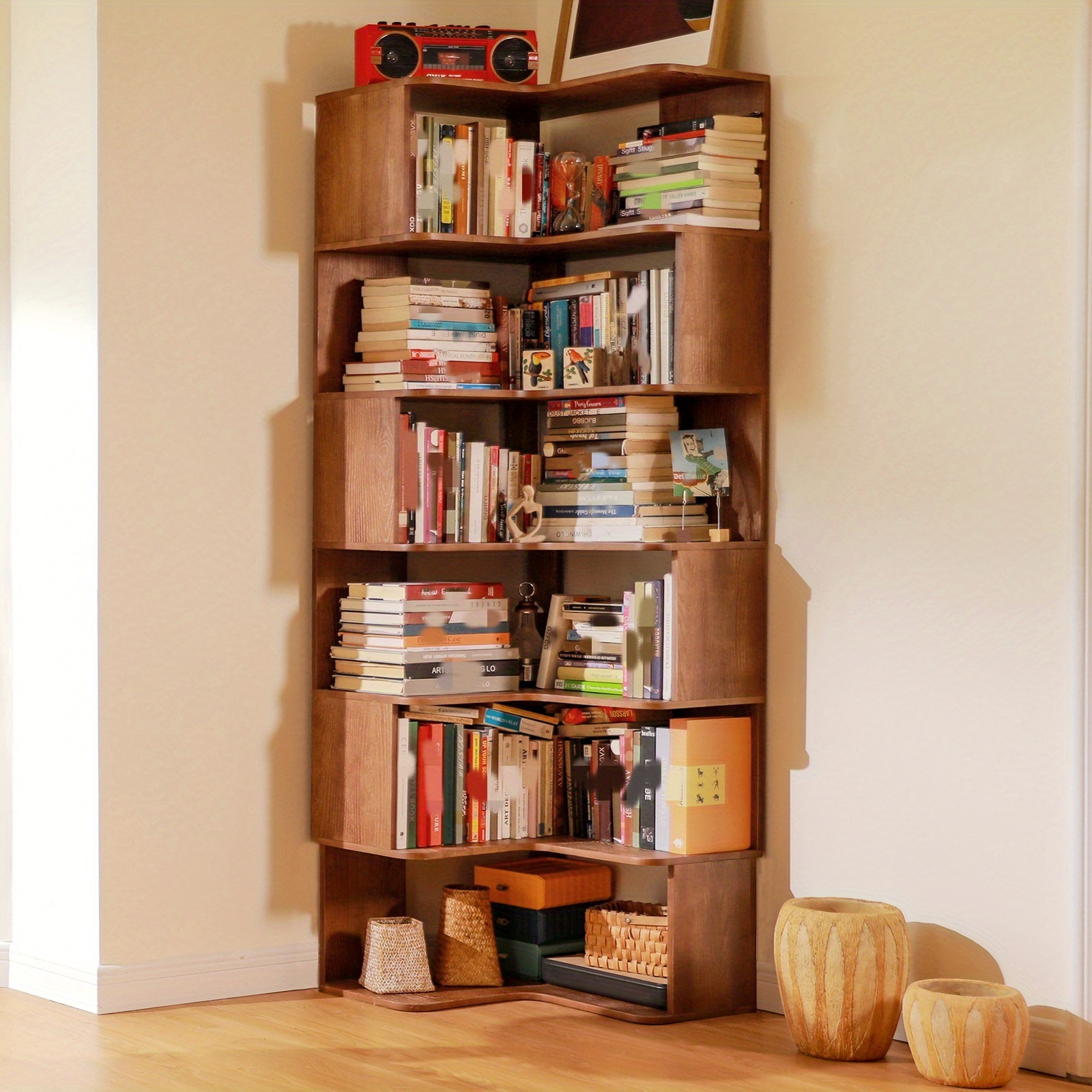 6 tier Corner Bookshelf Tall Corner Bookcase Shelf Solid - Temu