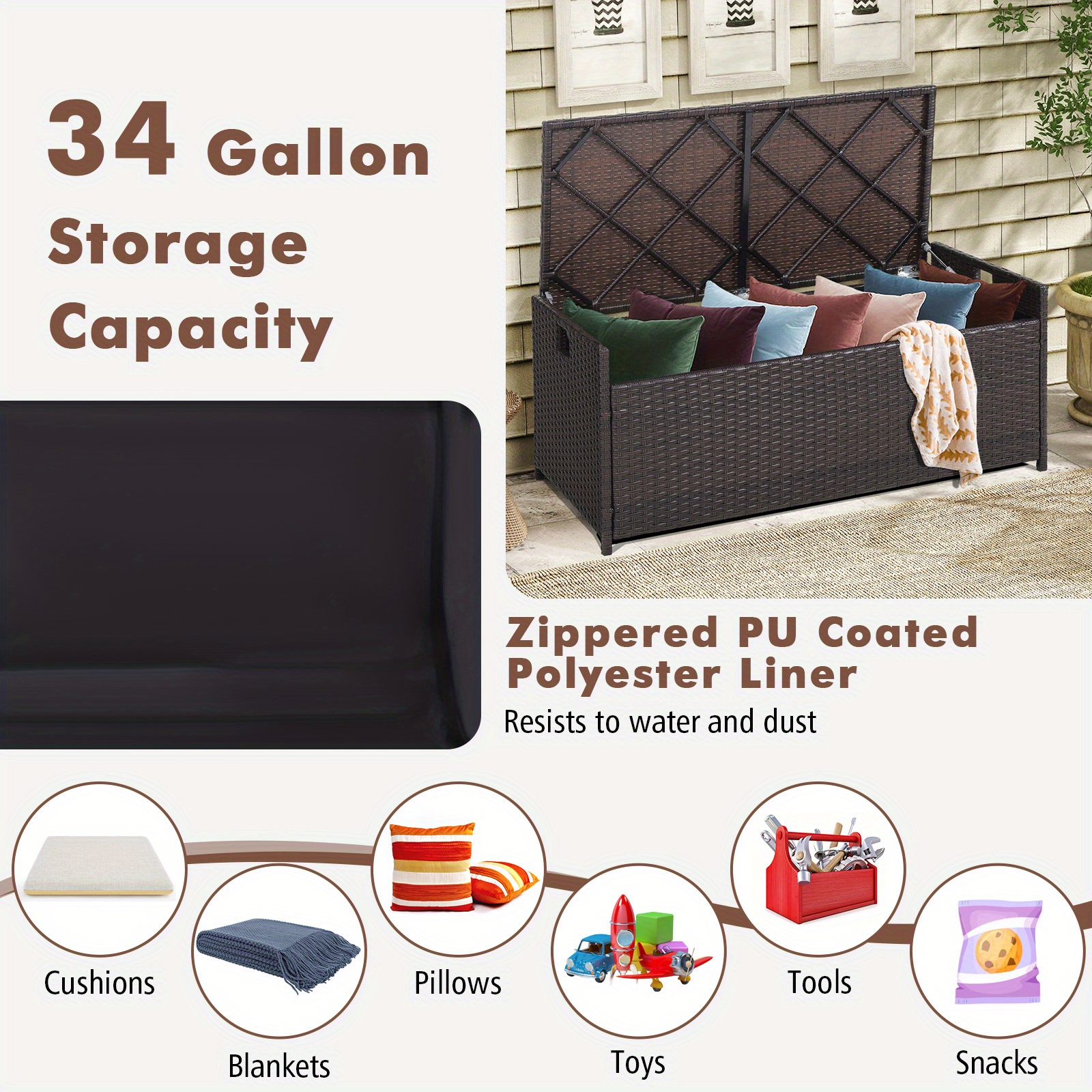 34 Gallon Patio Wicker Storage Deck Box W/cushion - Temu Canada