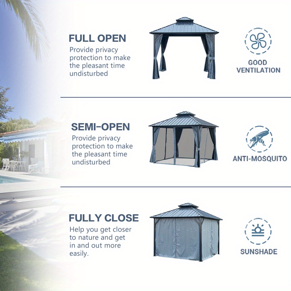 10x10ft Gazebo With Mosquito Netting Sturdy Metal Outdoor Patio Gazebo ...