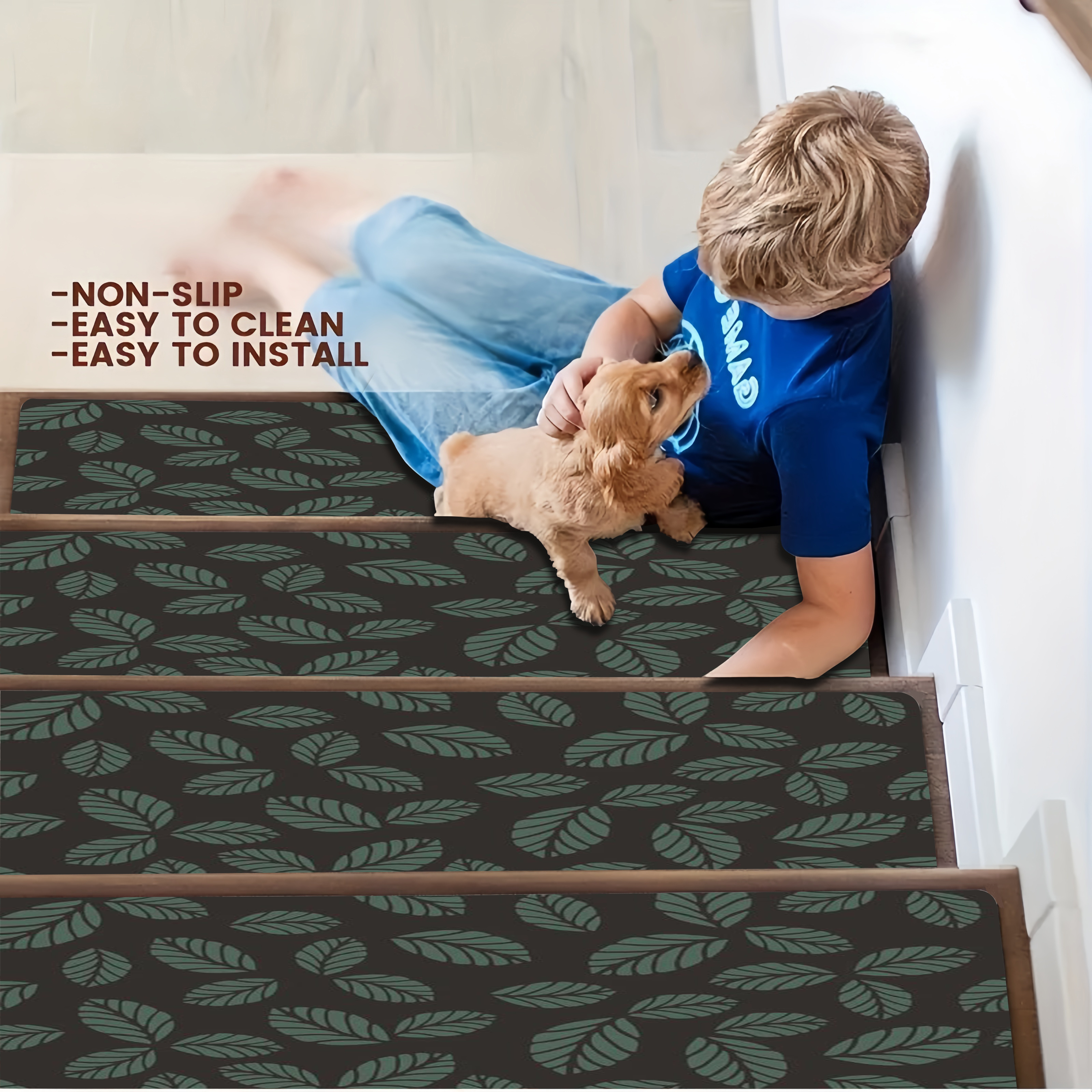 Green Leaf Digital Print Stair Treads Non slip Noise - Temu