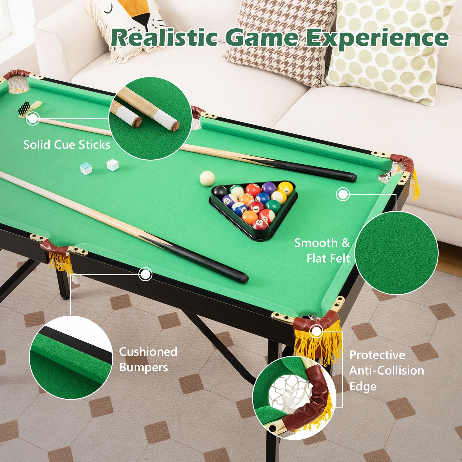 47 folding billiard table pool game table indoor kids w cues brush ...