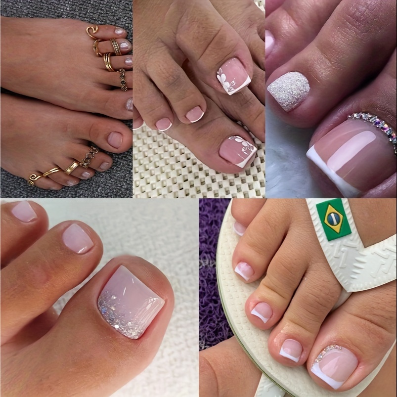 96pcs French Tip Press On Toenails 9pcs Rings Pink Toe Nails Glitter False Toenails Glossy Full Cover Acrylic Toenails with Design Rhinestones