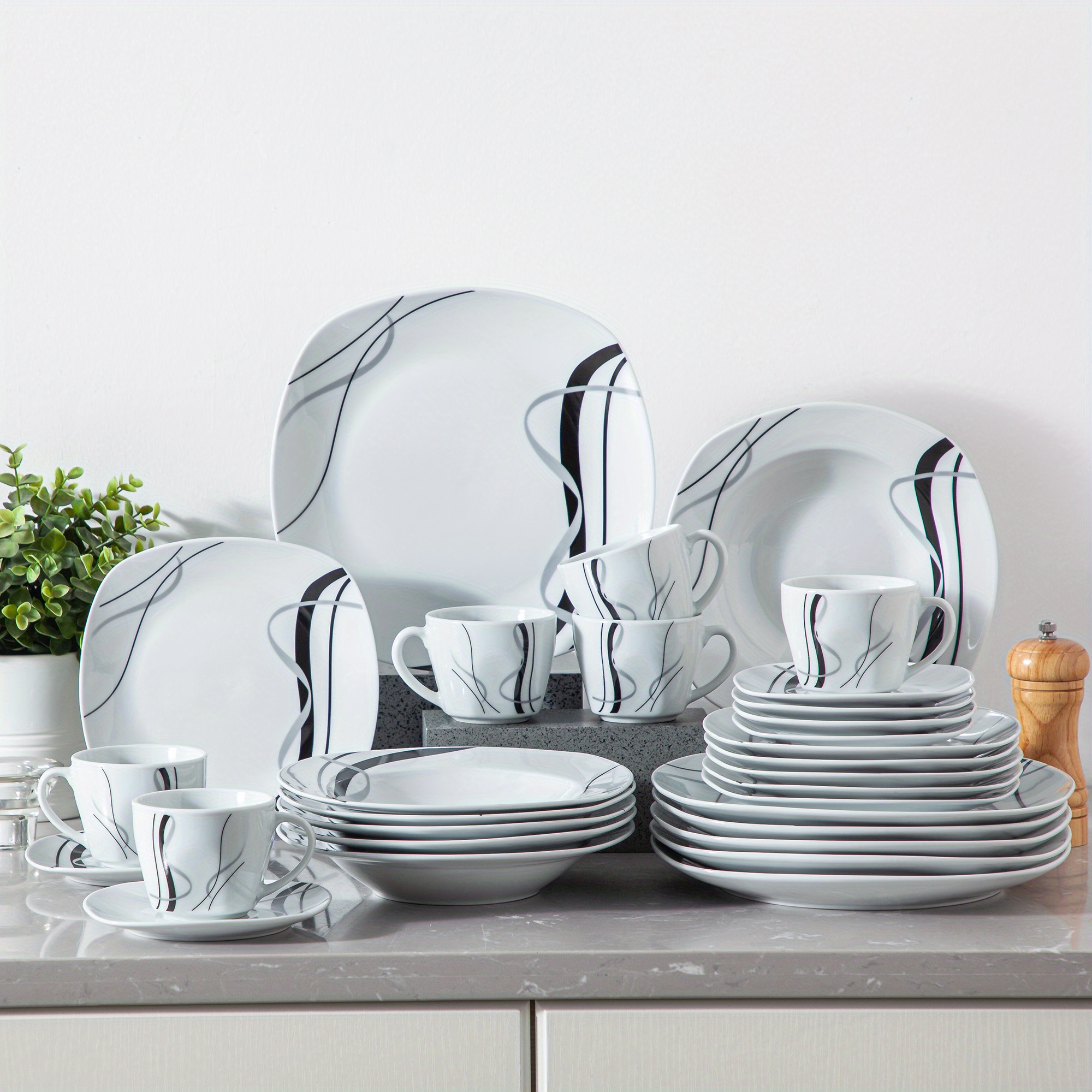 White Dishes Set Black Gray Stripes Porcelain Dinnerware - Temu