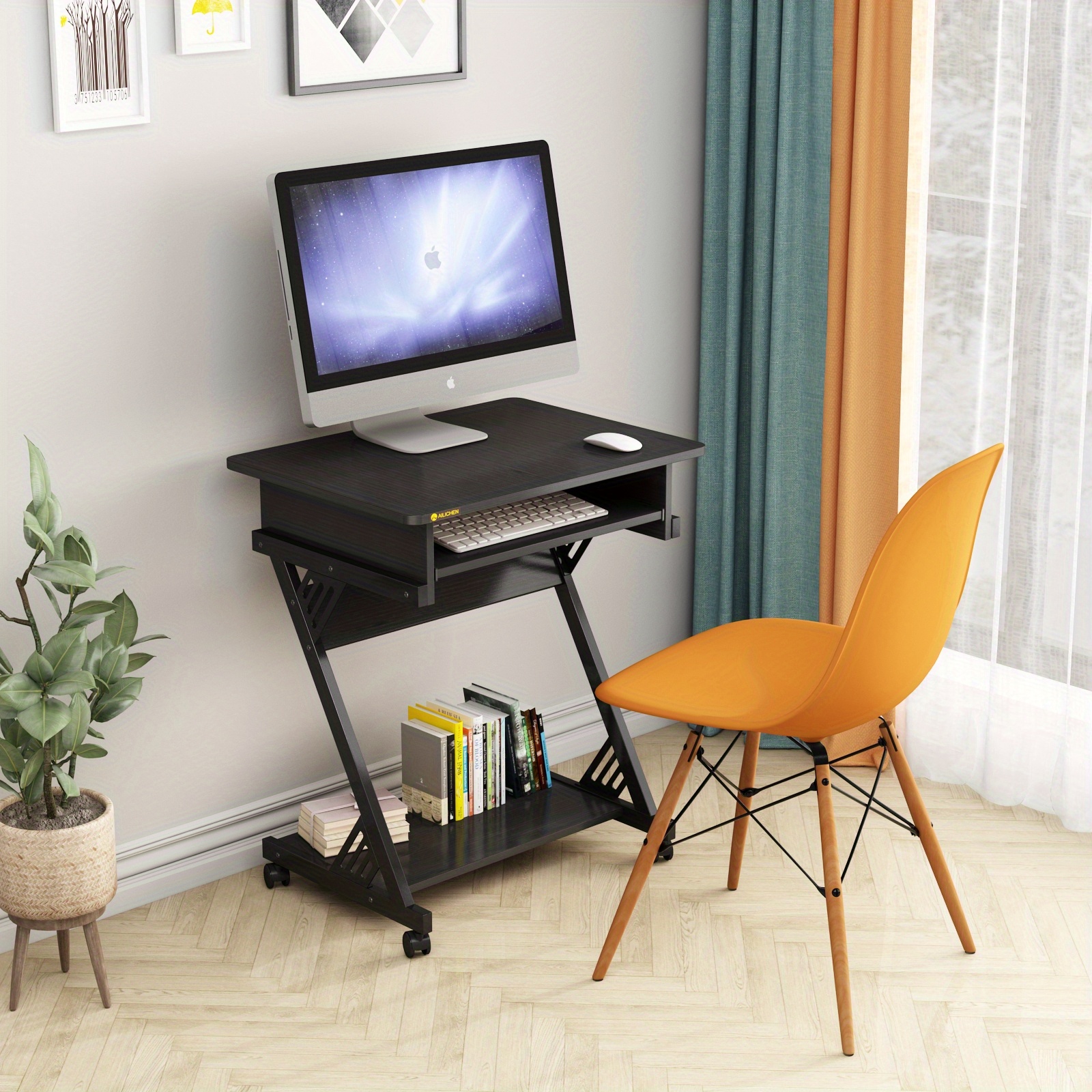 Z Shape Home Desk Movable Small Computer Desk with Wheels for Small Spaces Compact Workstation with Keyboard Tray