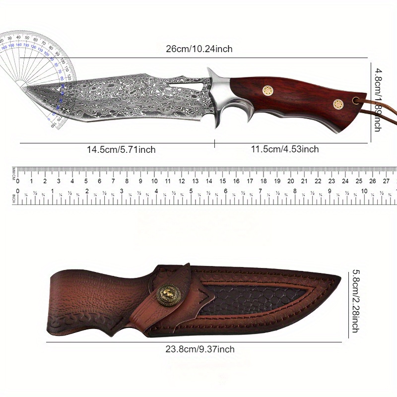 Damascus Knife Fixed Blade Wooden Handle Leather - Temu