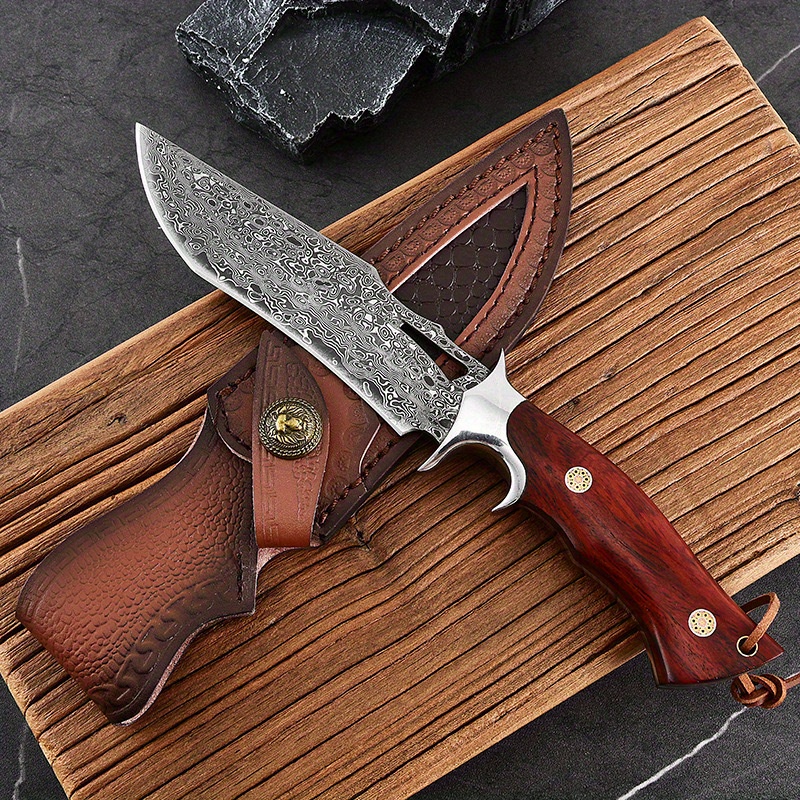 damascus knife fixed blade wooden handle leather - Temu