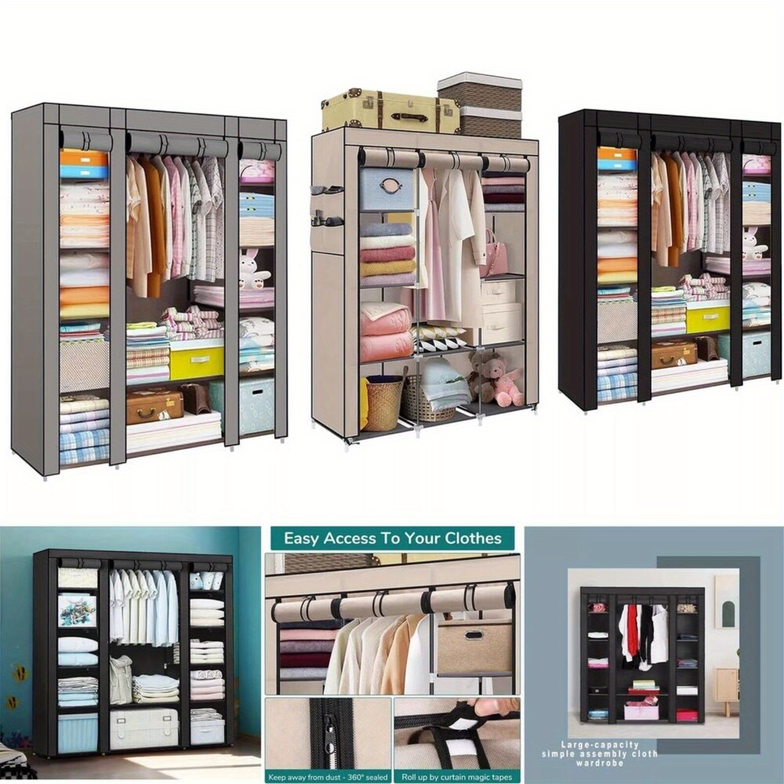 large metal frame fabric wardrobe hanging rail 6 shelves Temu United Kingdom