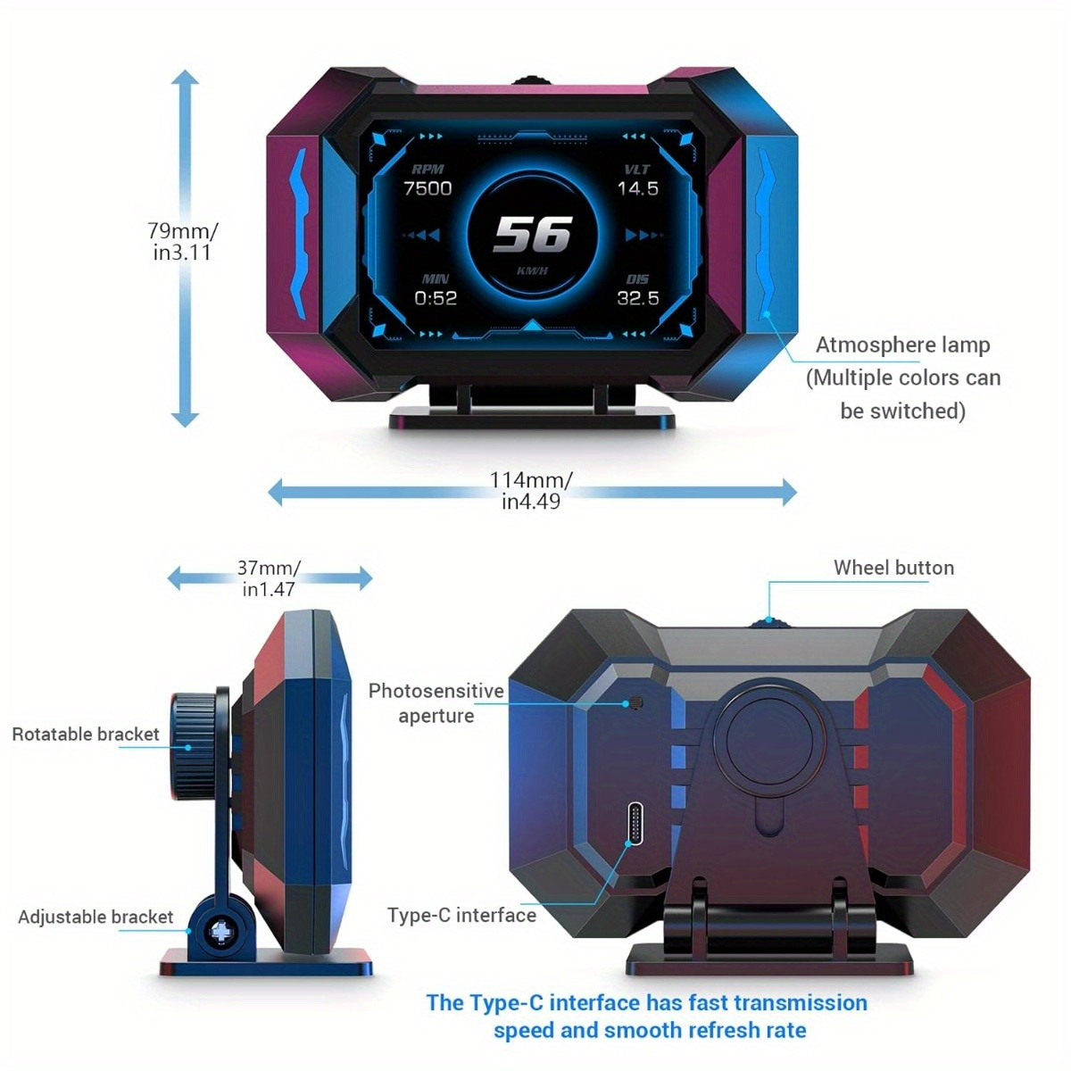 HUD 디지털 속도계 MPH 차량 평면 패널 디스플레이 OBD2 및 GPS 듀얼 시스템 속도계 차량 경사계 - Temu